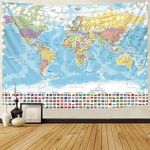 KYKU Small World Map Tapestry World Tapestries Globe Map Tapestry Flags Travel Classroom Decor Earth Decorations Party (51.2 x 59.1)