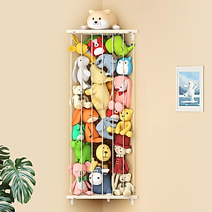 GGUO Kids Stuffed Animal Storage Organizer - Corner Stuff Animal Holder for Kids with Length Adjustable - Plush Toys Wall Storage for Nursery Playroom Bedroom (Ivory)