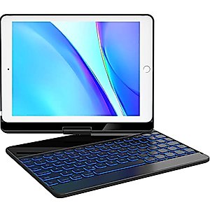 Earto 6th Generation Case with Keyboard, 5th Generation Keyboard, Air 2, Air 1, Pro 9.7 inch, 7 Color Backlit, 360° Roatate Wireless Keyboard Case, Black