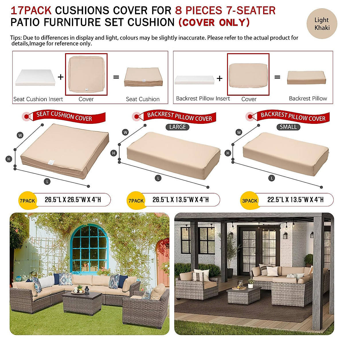ClawsCover 17Pack Outdoor Seat and Back Cushions Replacement Covers Fit for 8 Pieces 7-Seater Wicker Rattan Patio Furniture Conversation Set Sectional Couch,Light Khaki-Include Cover Only