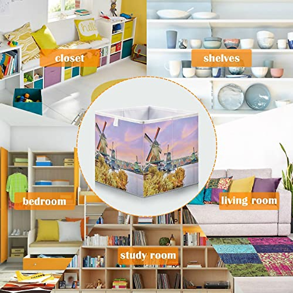 visesunny Closet Baskets Windmill in The Suburbs Of Amsterdam Storage Bins Fabric Baskets for Organizing Shelves Foldable Storage Cube Bins for Clothes, Toys, Baby Toiletry, Office Supply