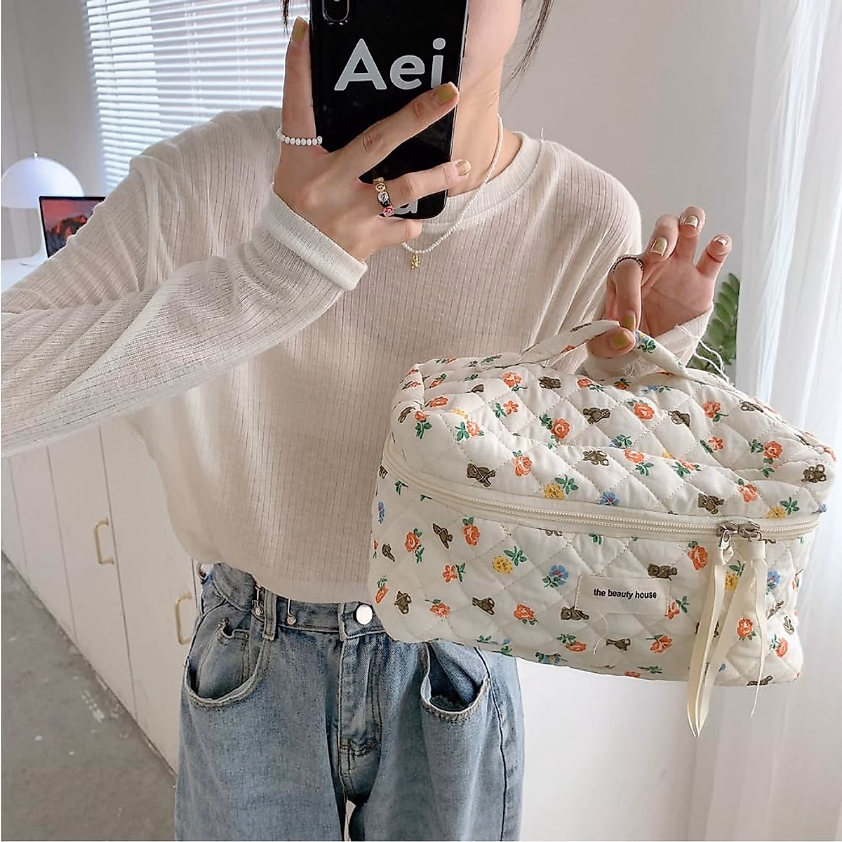 BILIPOPX 3 Pack Kawaii Cute Makeup Bag Bear Aesthetic Travel Quilted Cotton Cosmetic Bag Organizer Toiletry Pouch for Women Teen Girls (Bear Flower)