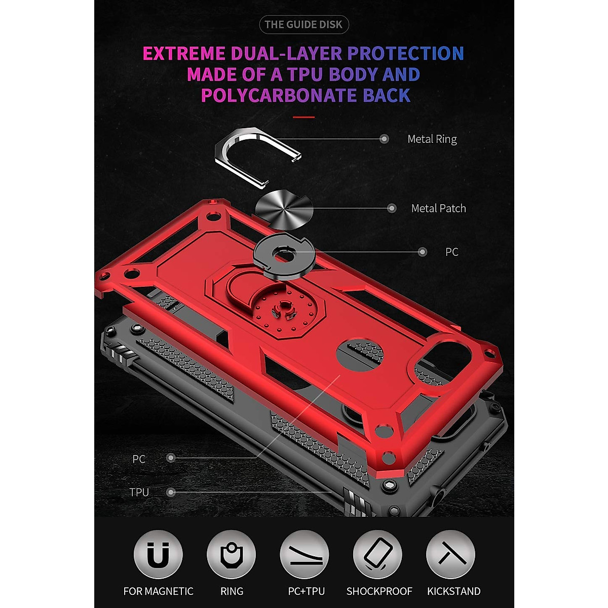 Military Grade Drop Impact for Google Pixel 3A XL Case 360 Metal Rotating Ring Kickstand Holder Magnetic Car Mount Armor Shockproof Case for Google Pixel 3A XL Phone Protection Case (Red)