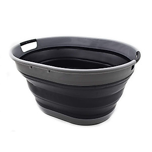 SAMMART 25L(6.6 gallon) Collapsible Oval Laundry Basket-Foldable Storage Container/Organizer-Portable Washing Tub-Space Saving Hamper-Pet Bath Tub,Water capacity 20L(5.28 gallon) (Grey/Black)