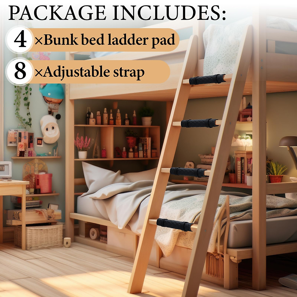 Tinideya 4 Pcs Bunk Bed Ladder Pads with 8 Adjustable Hook and Loop Straps 12 x 8 Inch Soft Bunk Bed Ladder Cover Bunk Bed Ladder Padding Anti Slip Bottom for Loft Step Comfortable Climbing, Black