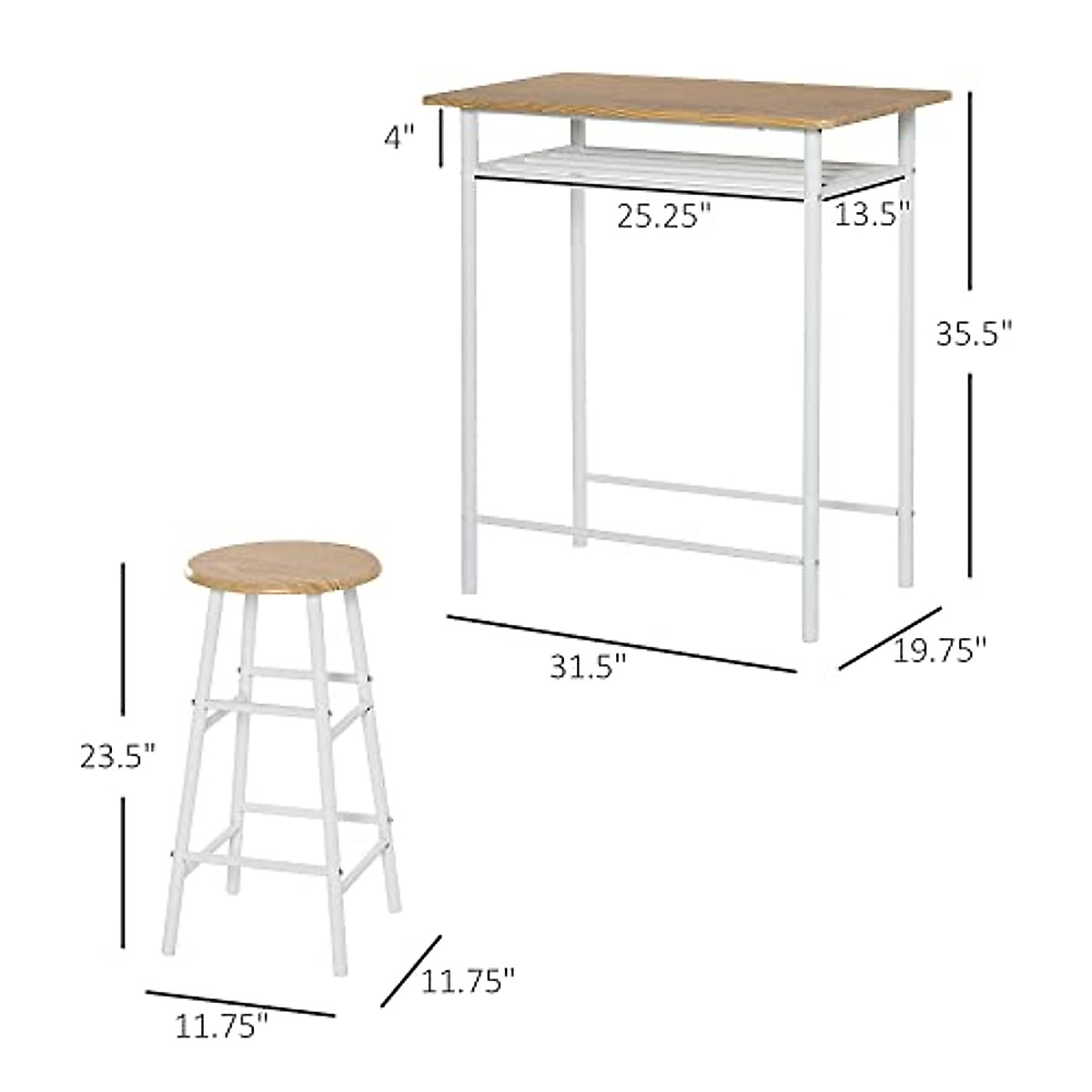 HOMCOM 3 Piece Counter Height Bar Table and Chairs Set, Space Saving Dining Table with 2 Matching Stools, Storage Shelf Metal Frame Footrest, White, Oak