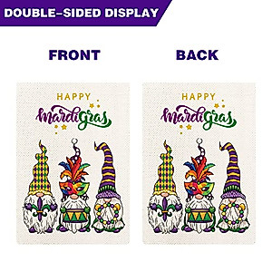 YOVOYOA Happy Mardi Gras Gnome Garden Flag 12.5x18 Inch Double Sided Masquerade Mask Bead Fleur de Lis New Orleans Holiday Party Yard Outdoor Decoration