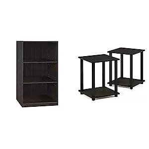 Furinno Jaya Simple Home 3-Tier Adjustable Shelf Bookcase, Espresso & Simplistic Set of 2 End Table, Espresso/Black