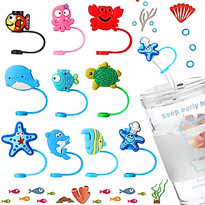 Silicone Drinking Straw Tips Cover/Lids/Topper/Plugs/Cap Reusable Cute Dust Proof for 6-8 mm Straws Outdoor Home Kitchen Party Decor (Aquatic Creature), 10 Pack