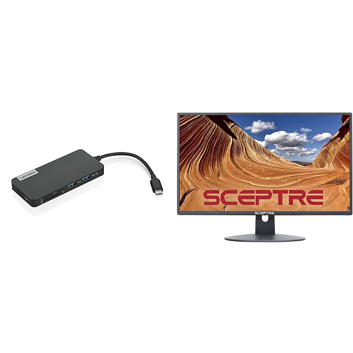 Lenovo USB-C 7-in-1 Hub & Sceptre 24" Professional Thin 75Hz 1080p LED Monitor 2X HDMI VGA Build-in Speakers, Machine Black (E248W-19203R Series)