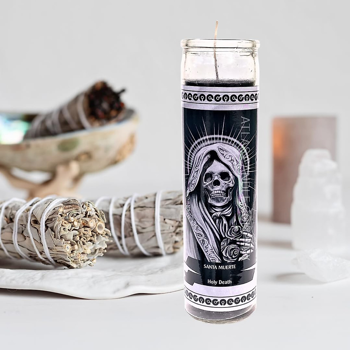 HEALING ATLAS - Holy Death Black Candle in Glass for Rituals and Meditation - Candle for Witchcraft Spells - Velas Negras para Rituales - Black Candles - (Santa Muerte, Black, Pack of 1)