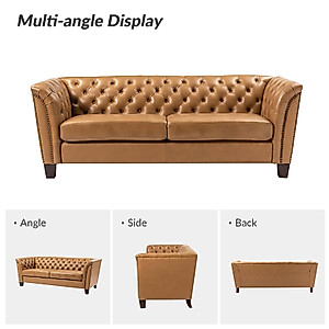 HULALA HOME Tufted Genuine Leather Sofa Couch 2-Seater Chesterfield Sectional Sofa for Living Room, Camel