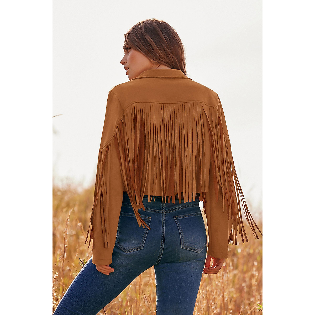 PRETTYGARDEN Women's Fringe Faux Suede Leather Jackets 2024 Fashion Tassel Motorcycle Cropped Coats (Brown Yellow,Large)