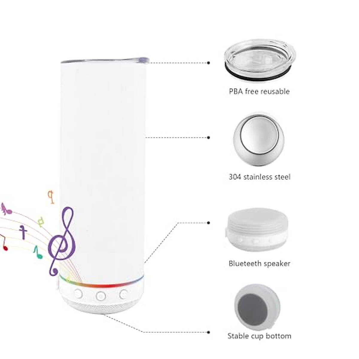 HIZEE 20 oz 1 pack Sublimation Tumbler Blank Bluetooth Music Speaker with Straw and Lid,Skinny Straight Stainless Steel Sublimation Cup Detachable Speaker Suitable for Travel Gifts
