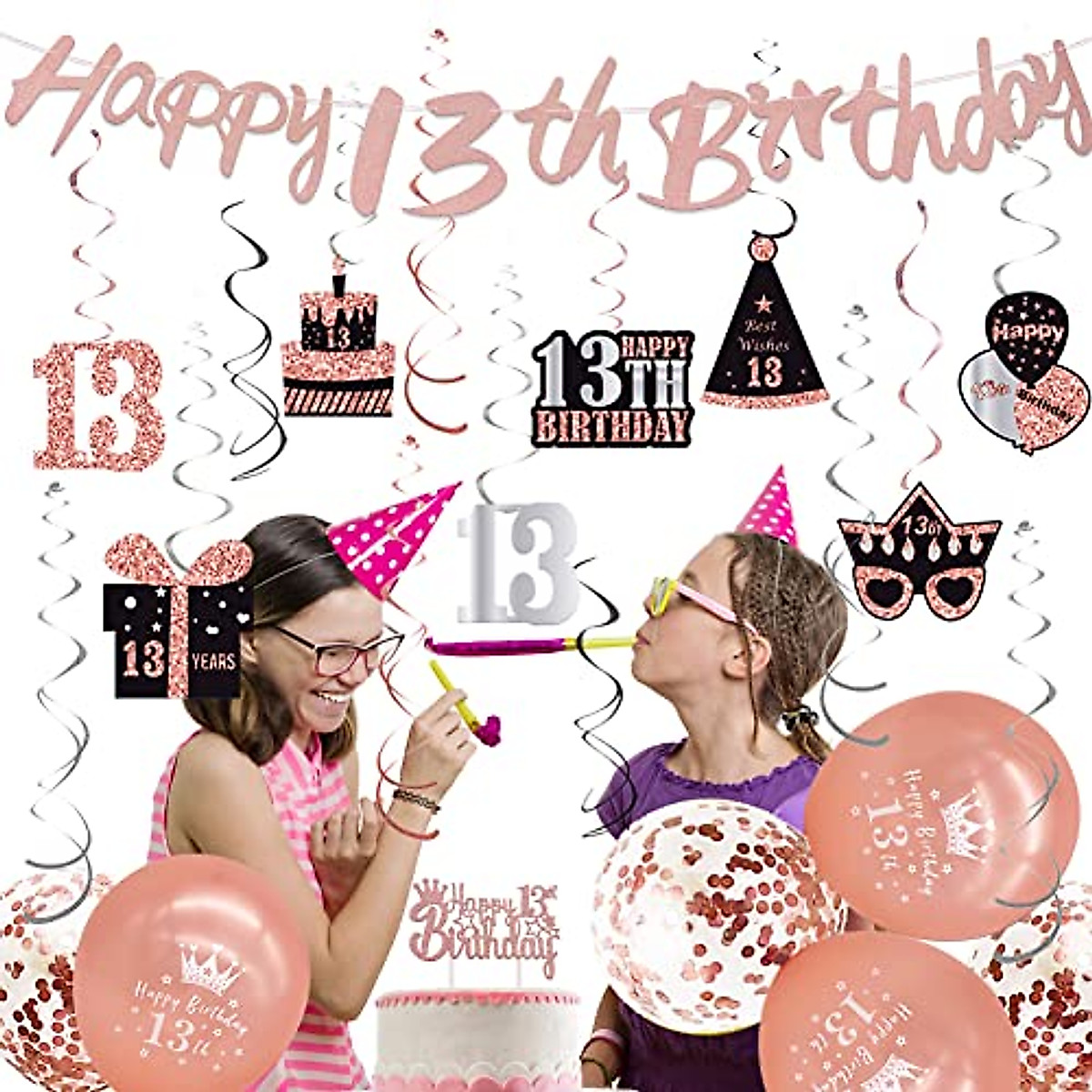 WOJOGO 13th Birthday Decorations for Girls Boys, Rose Gold 13 Birthday Decorations Kit, Teenager Happy 13th Birthday Banner Hanging Swirls Birthday Cake Topper Balloons for Party Supplies