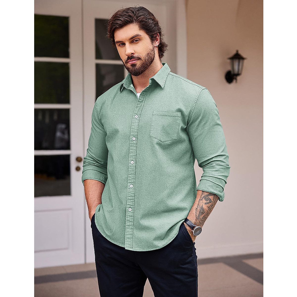 COOFANDY Mens Casual Dress Shirt Long Sleeve Button Down Shirts Untucked Shirts Slim Fit Light Green