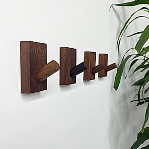 Biomoty Wood Wall Hooks, 4 Pack Adhesive Coat Hooks, Natural Wooden Hat Rack, Decorative Sticky Hooks Wall Mounted, Heavy Duty Wall Hangers for Hanging Purse (Black Walnut)
