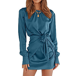 PRETTYGARDEN Women's Spring Satin Dress Long Sleeve Tie Waist Elegant Cocktail Party Mini Fall Dresses(Dark Blue,Medium)