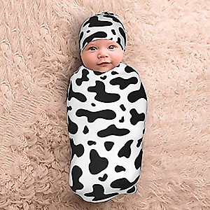 Belinyo Cow Print Newborn Swaddle Set Baby Receiving Blanket with Beanie Hat Infant Sleeping Bag for Girls Boys, One Size