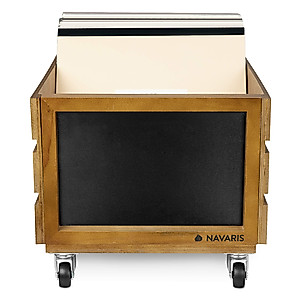 Navaris Wood Record Crate with Wheels - Vinyl Album Storage Holder Box Wooden Case with Chalkboard Sign Board - Holds up to 80 LP Records - Brown