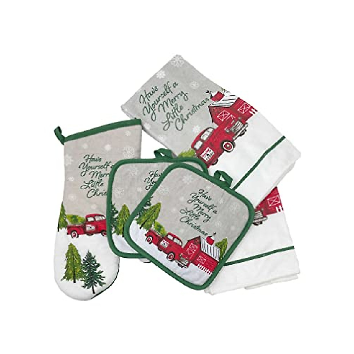 Christmas Pot Holders with Oven Mitt and Christmas Kitchen Towels Sets (Red Truck Design), Christmas Oven Mitts, Pot Holders and Oven Mitts Sets, Christmas Oven Mitts and Pot Holders