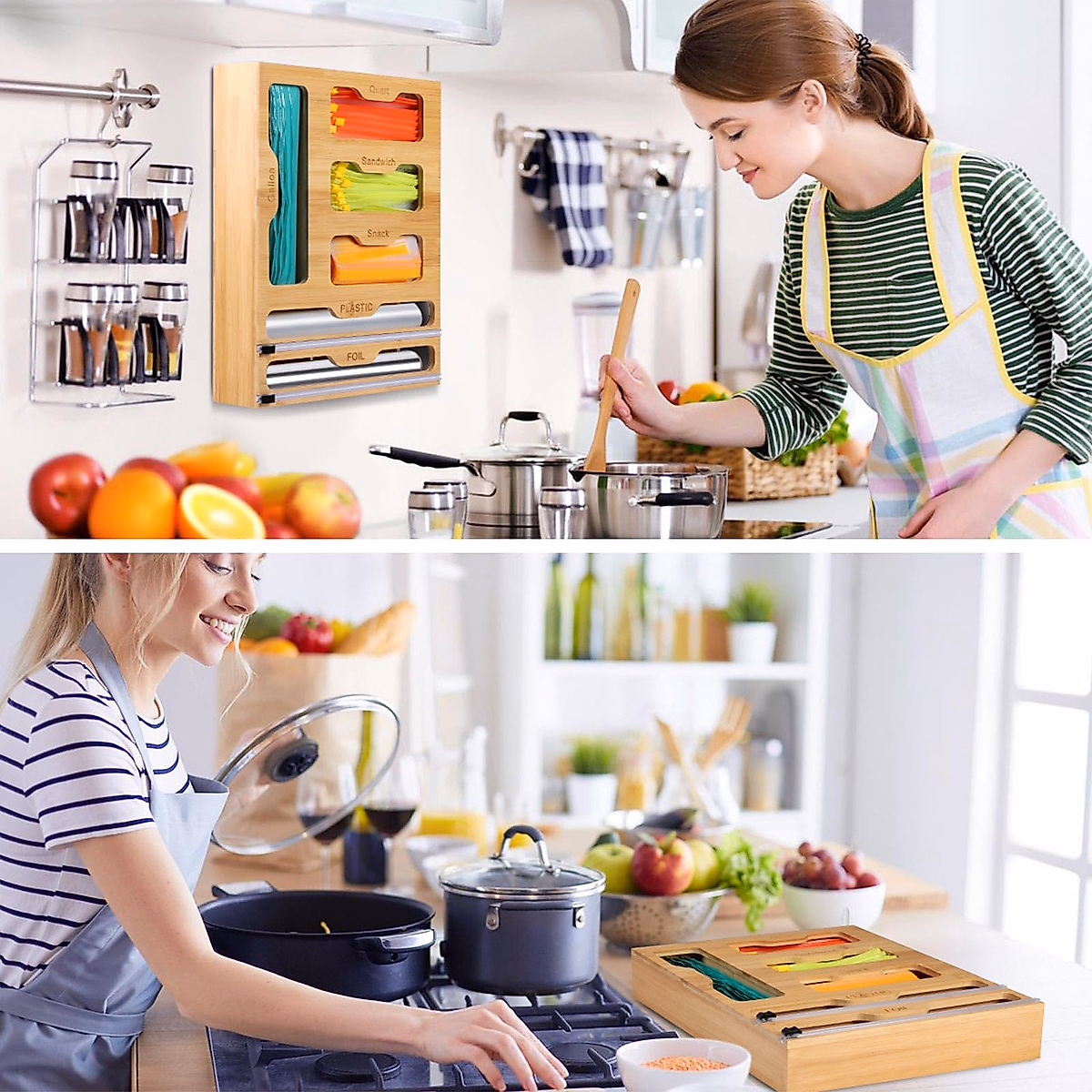 HEROPIE 6 IN1 Bamboo Foil and Plastic Wrap Dispenser with Cutter for Kitchen Drawer, Storage Bag Organizer, Compatible with Gallon, Quart, Sandwich and Snack Variety Size Bags (Bamboo)