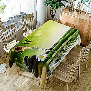 WONDERTIFY Spa Table Cloth Meditation Bamboo Stalks Candle Basalt Stones Flow Water Theraphy Relaxing Water Resistance Microfiber Tablecloth, Decorative Table Cover Green Yellow 52X70 Inch