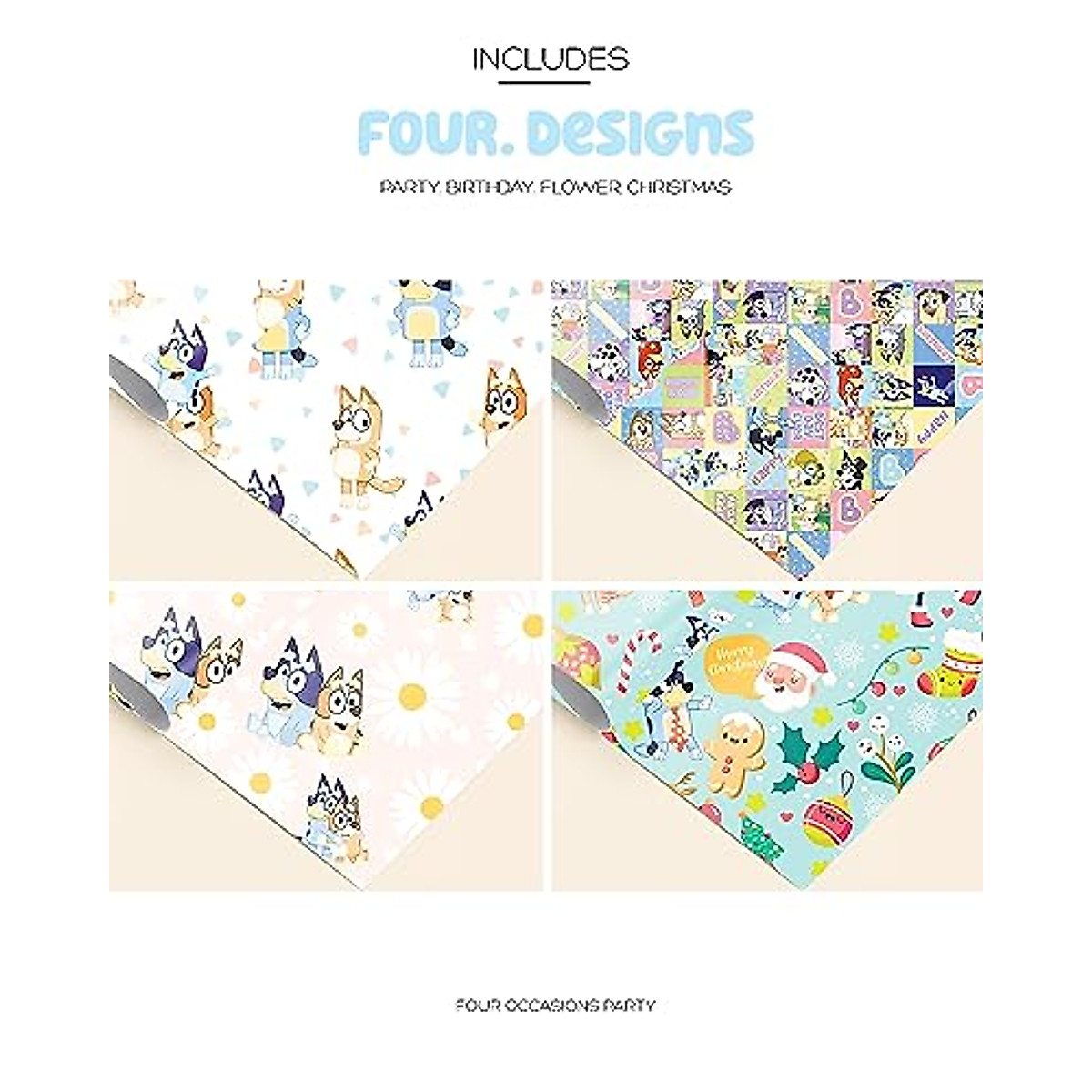 Peri Foi Happy Birthday Wrapping Paper Sheets - Blue Dog Cartoon Character Theme Designs for Boy Girl Kids Christmas, Birthday, Daisy Patterns Gift Present Wrapper - 20 x29 Inch x12