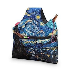 Fuojuvelie Starry Night Yarn Bag Fabric Knitting Projects Organizer Sturdy Crochet Organizer Bag with 4 Grommets for Knitting Needles, Skeins of Yarn Large