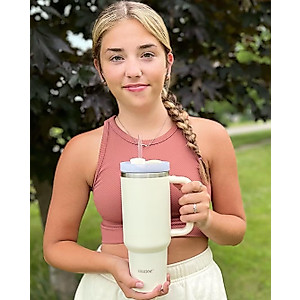 40 OZ Insulated tumbler with straw, Double Vacuum Stainless Steel Water Bottle for Home, Office or Car - Iced Coffee Cup Reusable,Thermos Travel Coffee Mug,Keep Hot/Cold for Hours (Cream)