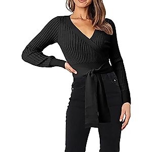 PRETTYGARDEN Women's Fashion Wrap V Neck Cropped Sweater Long Sleeve Solid Slim Fit Belted Pullover Ribbed Knit Sweater Tops(X-Large, Black)