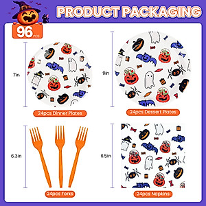 96PCS Happy Halloween Paper Plates and Napkins Set, Halloween Theme Party Decorations Set Include Paper Plates, Napkins, Forks Disposable Tableware Supplies for Kids Halloween Party, Serves 24