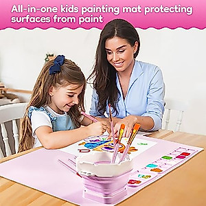 HOMOEASE Silicone Mats for Crafts, Silicone Painting Mat Kits with Detachable Cup & 10 Paint Brushes & Apron&Storage Bag, Silicone Art Mat for Kids Gift,Painting, Clay, DIY, 20"X16" Nonstick (Pink)