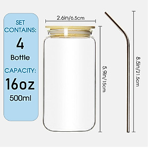 DESIYUE 4 Pcs Drinking Glasses with Bamboo Lids and Straws - 16oz Beer Can Shaped Drinking Glasses, Iced Coffee Cups, Cute Tumbler Cup Great for Soda Tea Cocktails