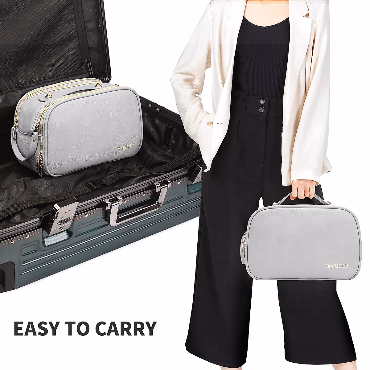 BOOMRICH Large Travel Makeup Bag, Cosmetic Bag, Toiletry Bag for Women, Water-Resistant Leather Toiletry Organizer, Dopp Kit for Toiletries Accessories, Blue Grey