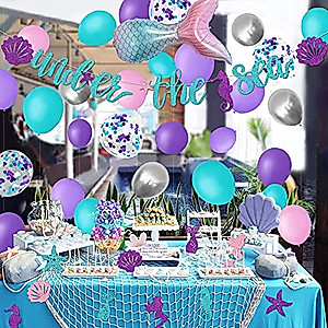 Under The Sea Mermaid Party Balloons Banner Net Backdrop Kit Girls Birthday Backyard Fence Decoration Mermaid Tail Ocean Theme Scene Photography Background Ideas Supplies