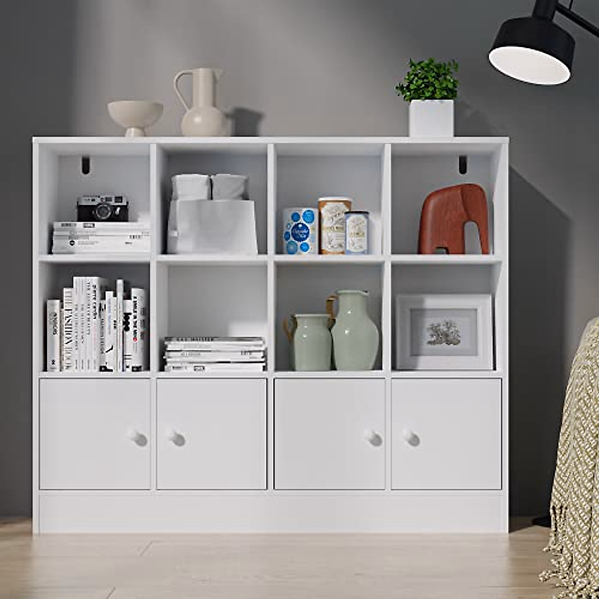 Cozy Castle White Bookshelf with 12 Cubes and 4 Doors, 2-Tier Open Shelf Bookcase with Anti-Tilt Device for Bedroom, Living Room