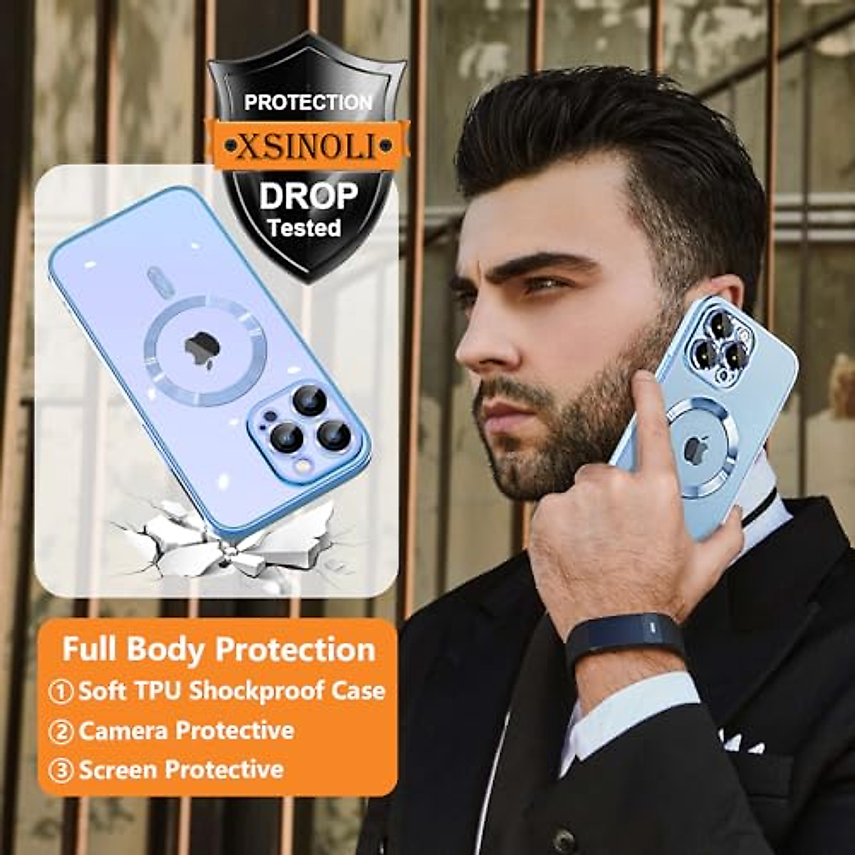 XSINOLI for iPhone 13 Pro Max Phone Case Magsafe, Magnetic Clear Case with Screen Protector and Camera Cover, Transparent Electroplated Case for Women/Girl/Men (Blue)