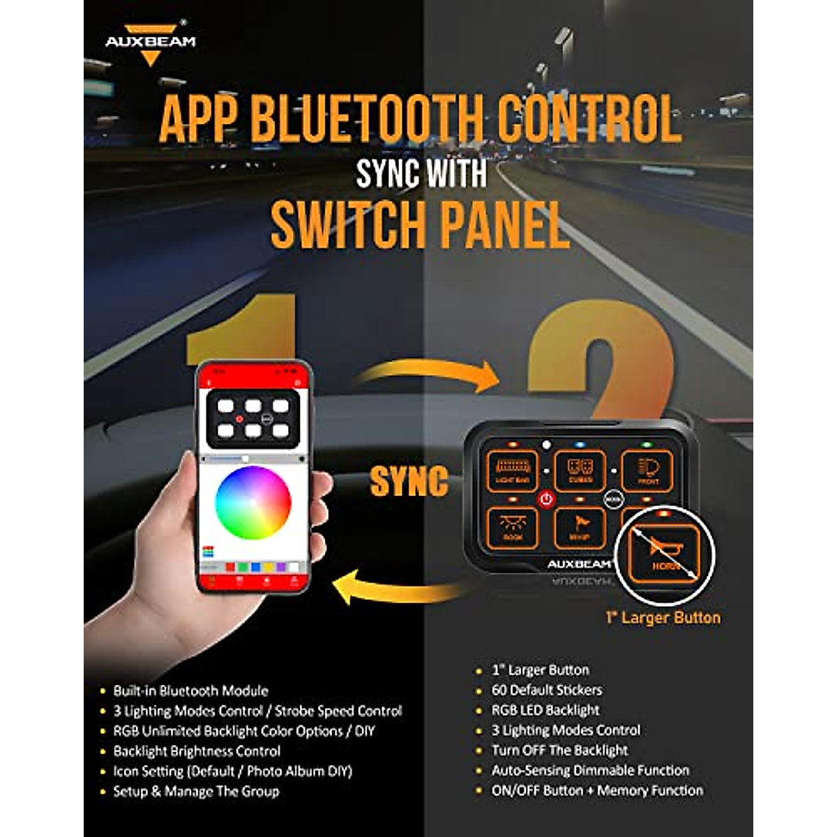 Auxbeam 6 Gang Switch Panel Bluetooth RGB AR-600 120Pcs 1" Larger DIY Decals for Car RV Camper Van Truck Marine Boat