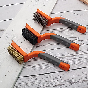 MAXMAN Wire Brush 3Pcs Brass/Stainless Steel/Nylon Wire Brushes for Cleaning Rust Bristle Brush Set with Rubber Curved Handle Grip Used for Dirt, Paint Remover (Orange+ Gray)