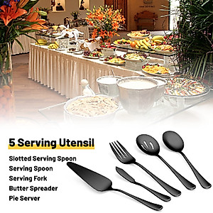 Matte Black Serving Utensils HaWare 5-Piece Stainless Steel Hostess Serving Set for Party Kitchen Restaurant, Satin Finished, Include Spoons, Slotted Spoon, Forks, Pie Server, Butter Knife