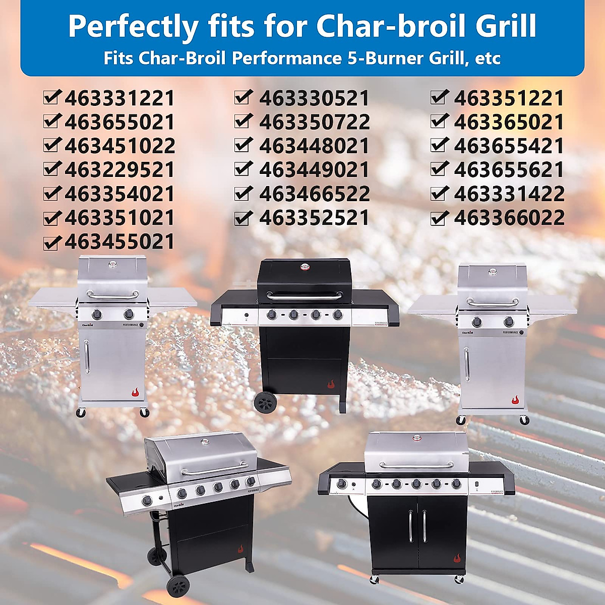 Uniflasy Grill Parts for Charbroil Performance 5 Burner 463448021 463450022 463451022, 4 Burner 463365021 463352521, Charbroil Grill Replacement Parts Include Heat Plate,Burner, Igniter,Crossover Tube