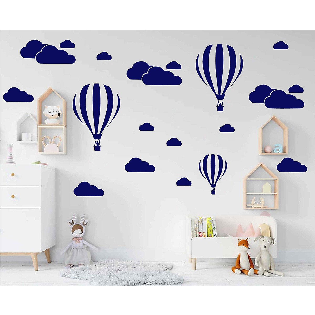 Giant Removable Vinyl 3D Hot air Balloons with Clouds Wall Decals DIY Wall Stickers Nursery Decor Kids Bedroom Art Decoration Girls Rooms Decal Child Sticker Home Walls Decal (White) D952 (Navy Blue)