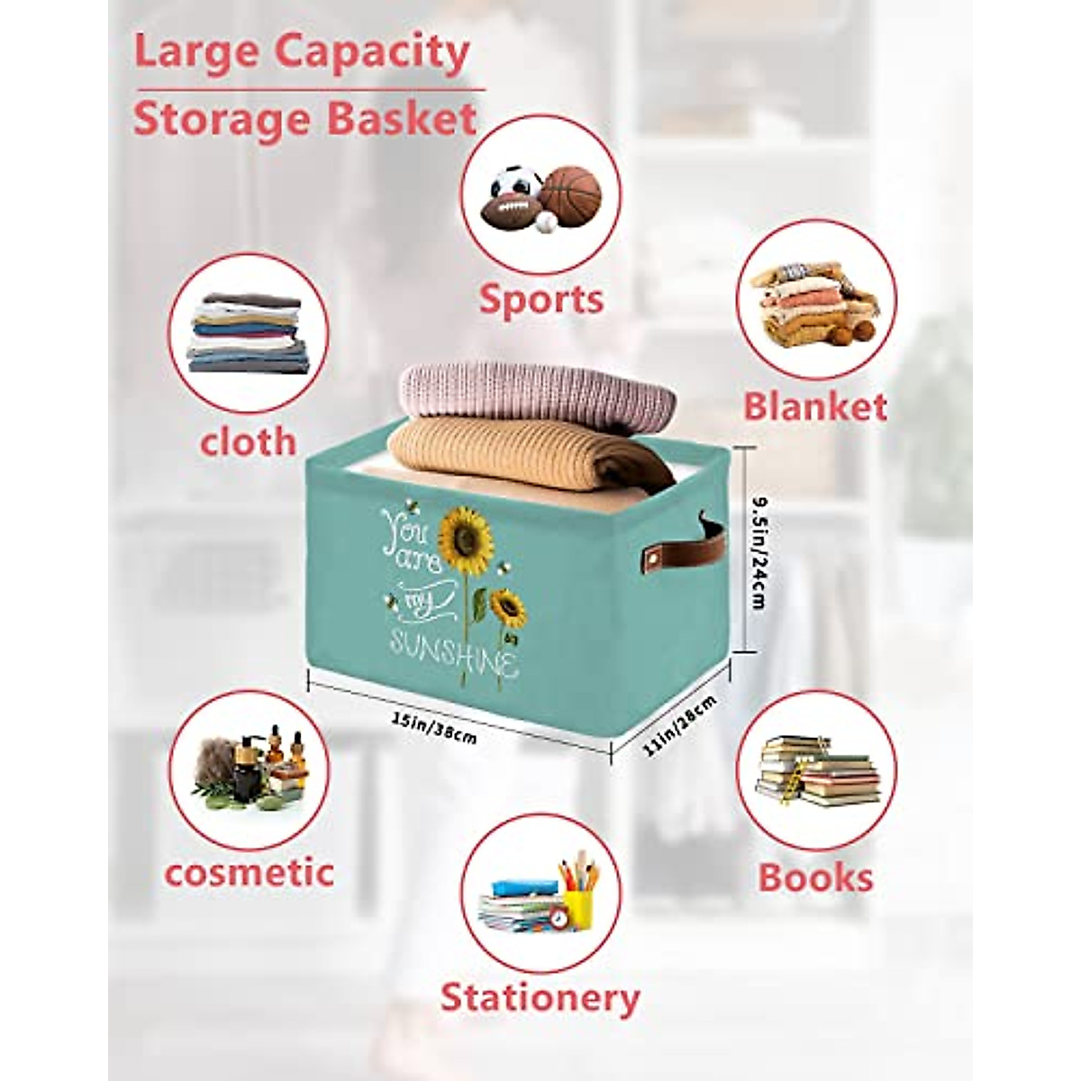 Storage Organizer Bins Set of 1 Storage Baskets for Clothes on Shelves With Handles Summer Farm Sunflower Sunshine Teal Green Rectangular Fabric Laundry Baskets for Organizing