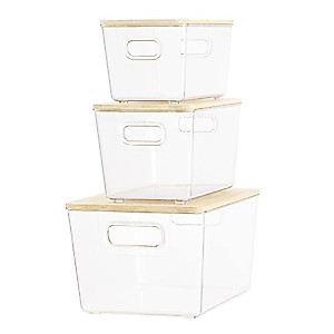 Navaris Transparent Plastic Storage Boxes with Lids - Set of 3 Clear Stackable Household Organizing Containers Bins with Bamboo Lids - S, M, L