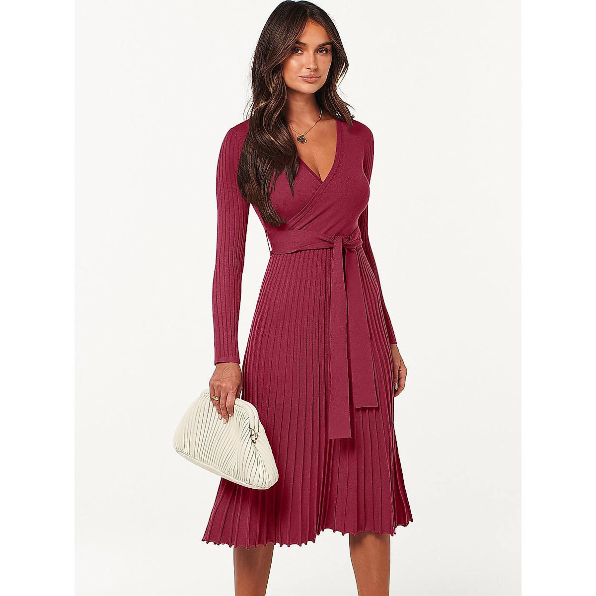 ANRABESS Women's 2024 Long Sleeve Sweater Dress Wrap V Neck Pleated Ribbed Knit A Line Belted Tie Waist Midi Dress Wine Red Medium