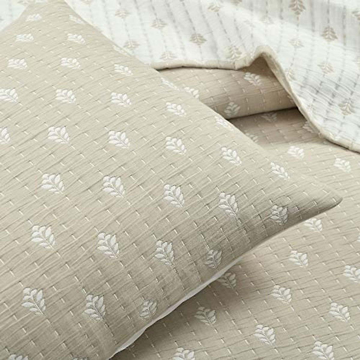 Lush Decor Hygge Kantha Pick Stitch Yarn Dyed Cotton Jacquard 3 Piece Quilt/Coverlet Set, Full/Queen, Neutral & Off-White