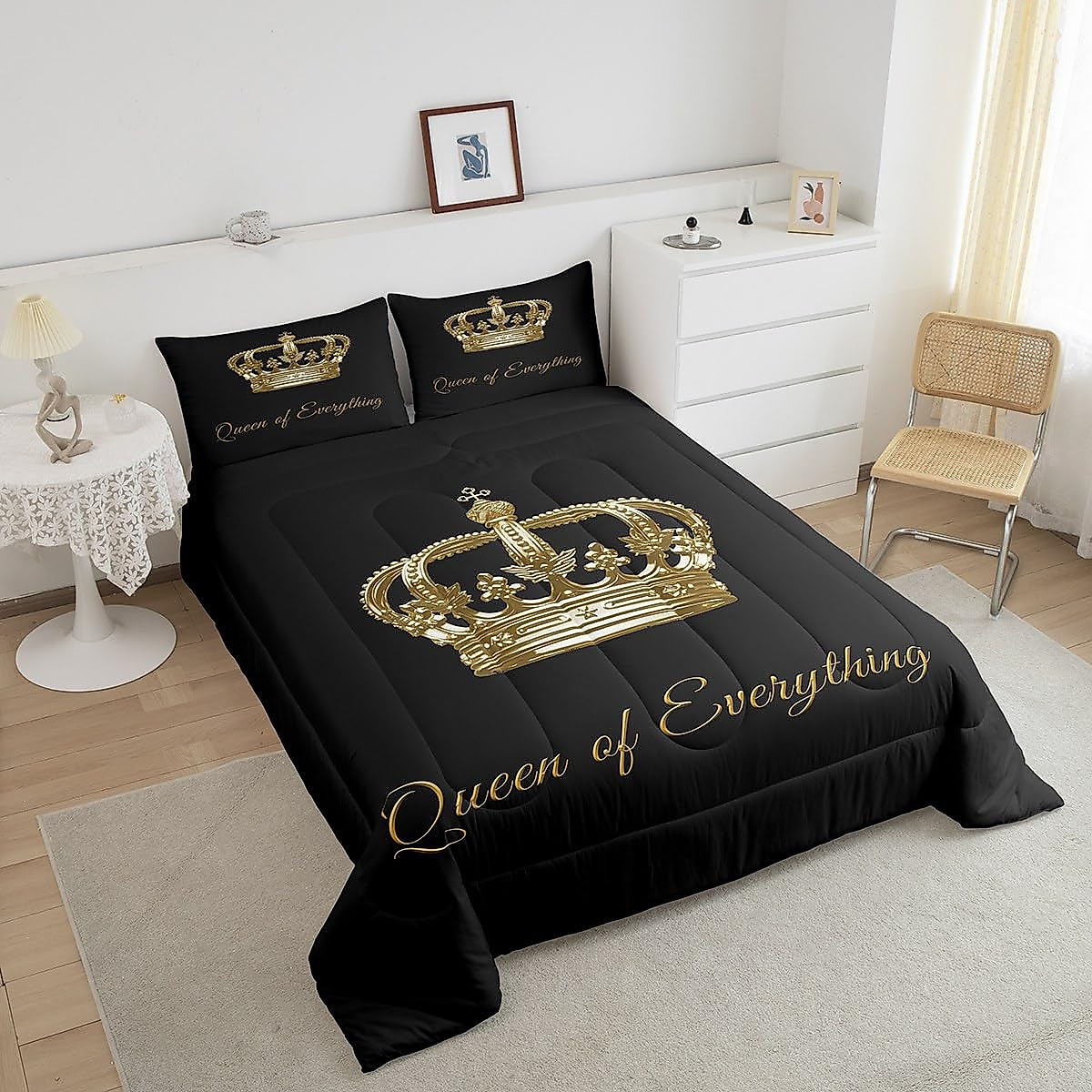 jejeloiu Queen Pattern Bedding Set Kids Crown Printed Comforter Set Modern Comforter for Women Men Room Decor Abstract Art Gold Black Duvet Set Queen Size with 2 Pillow Case