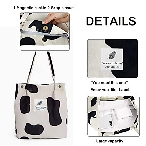 Trendlooks Large Corduroy Tote Bag Lightweight Reusable Canvas Purse for Women Girls Enjoy Your Life Label (XL,COW PRINT)