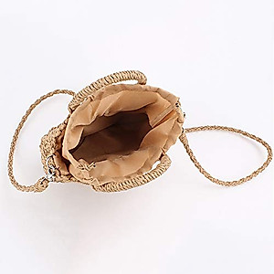 QTKJ Mini Semi-circle Rattan Straw Handbags, Hand-woven Women Summer Retro Straw Tote Bag Beach Tote Shoulder Bag Crossbody Bag Round Handle Beach Handbags (Khaki)